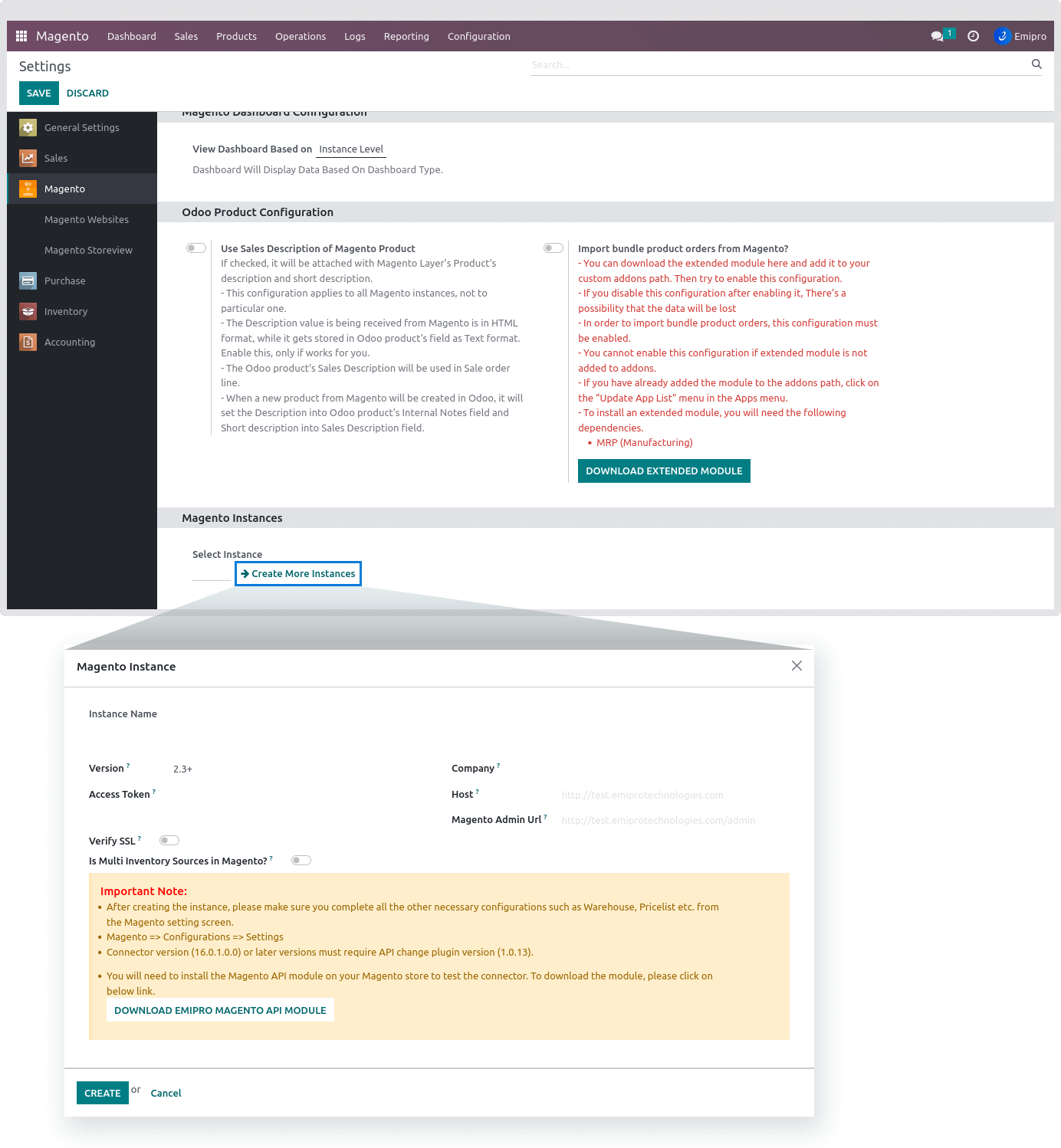 Create Instance From Configuration Odoo Magento2 Connector By Emipro