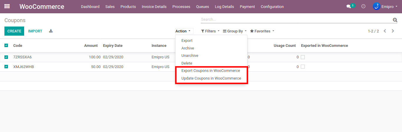 Export/Update Coupons - Odoo WooCommerce Connector By Emipro